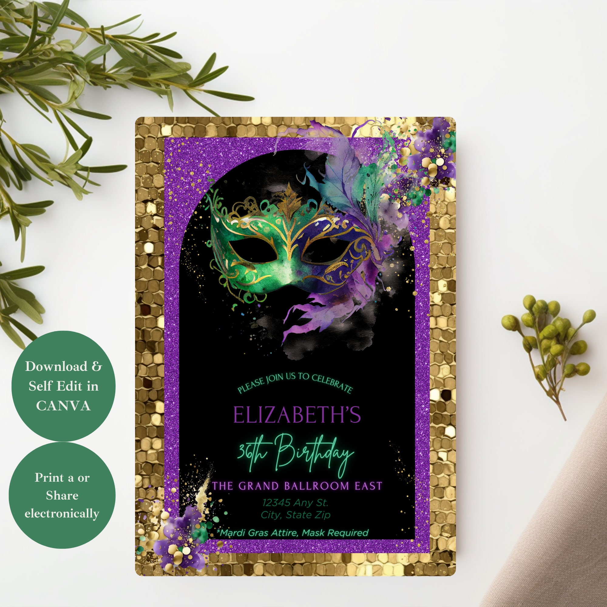 Masquerade Birthday Invitation, Mardi Gras Ball Invitation, Fat Tuesday ...