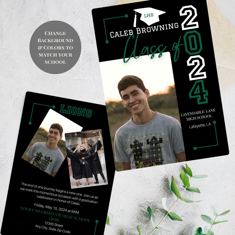 Black Green White Grad Announcement, High School Graduation Invite, Two ...