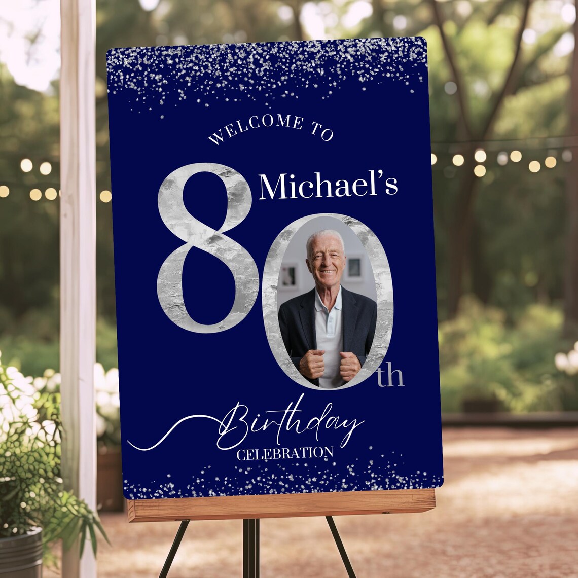 Custom 80th Birthday Welcome Sign: Blue & Silver Photo Template (canva ...