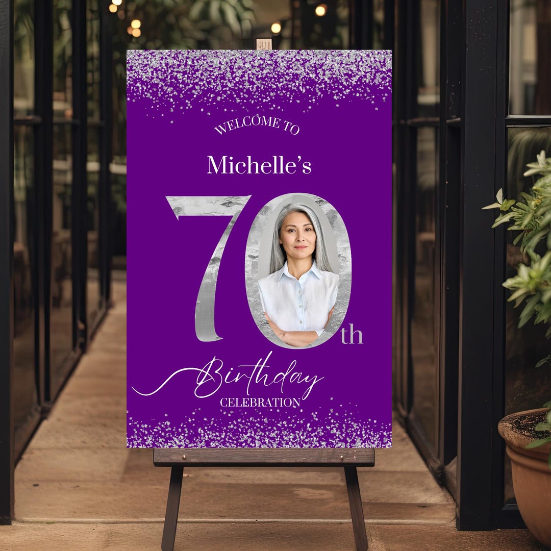 Purple 70th Birthday Photo Welcome Sign Template, Purple & Silver 70th ...