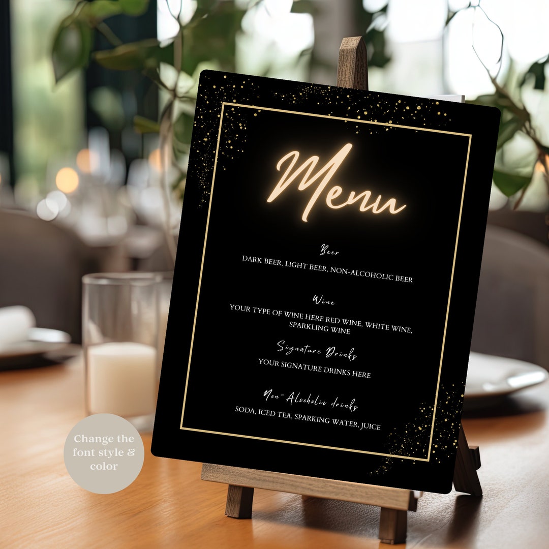 Black and Gold Drink Menu Sign, Wedding or Birthday Bar Menu Sign ...