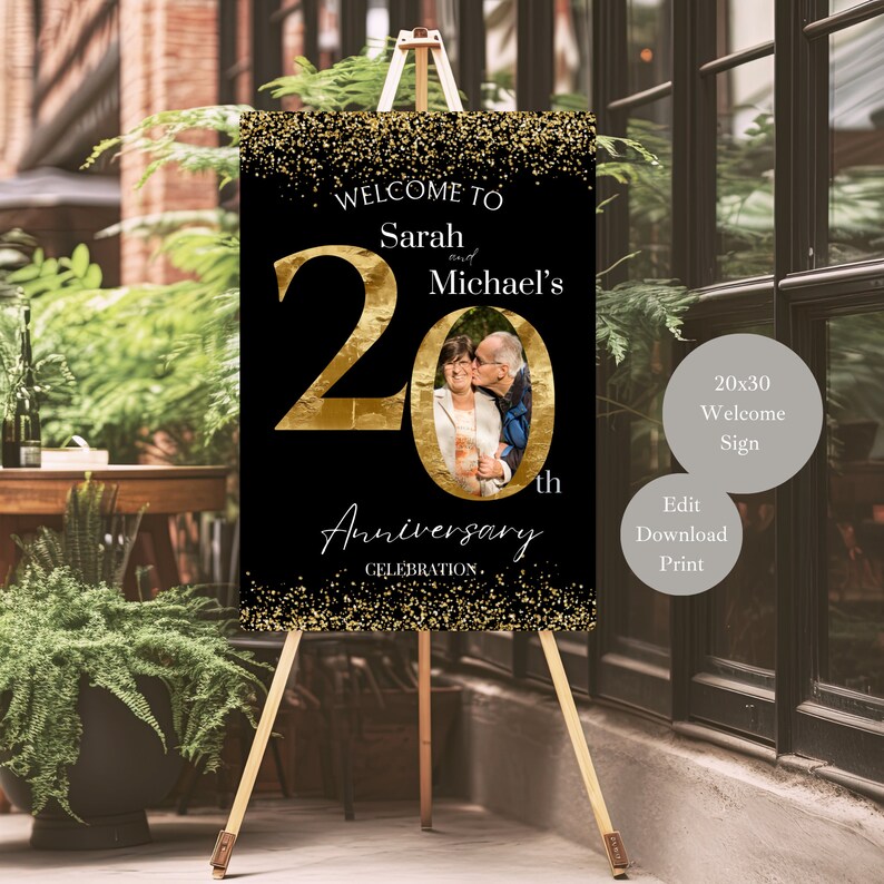 20th Anniversary Welcome Sign Template: Black & Gold Photo Poster ...