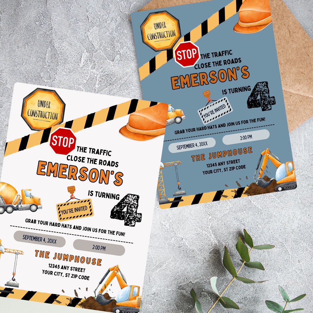 Construction Birthday Invitation Template: Caution Theme (digital ...