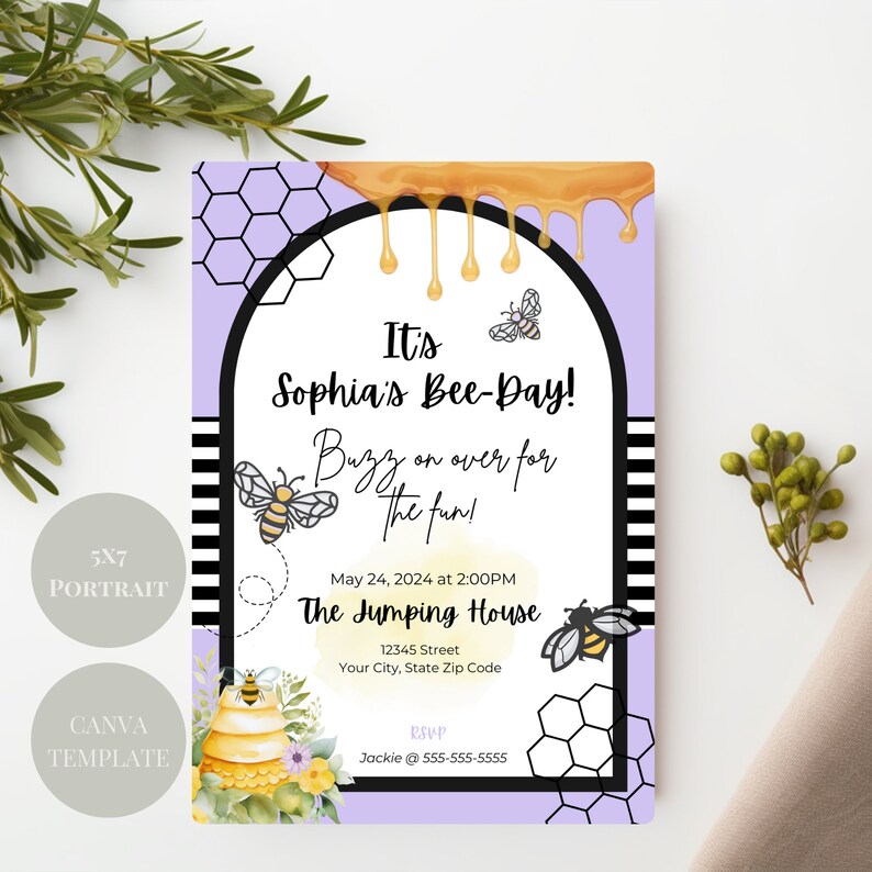 Lilac Bee Birthday Invitation: Editable Bumble Bee Theme (digital ...