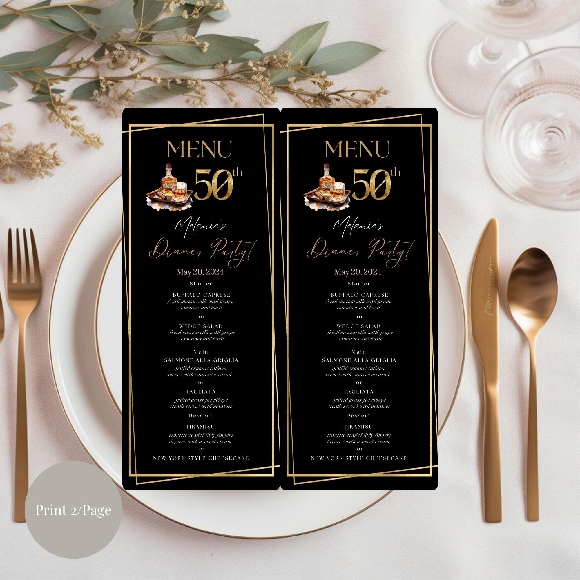 50th Cigar & Bourbon Dinner Menu Template, Black and Gold 50th Birthday ...