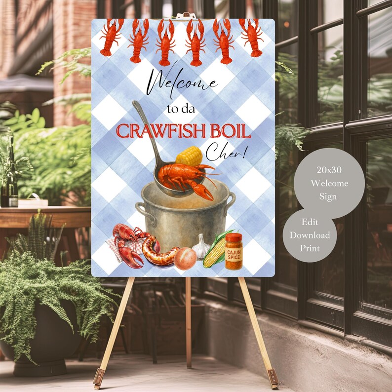 Crawfish Boil Welcome Sign Template: Blue Plaid Seafood Party (digital ...