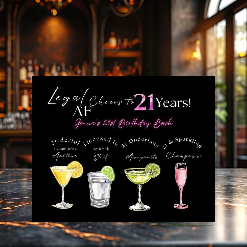 21st Birthday Drink Menu Sign: Pink & Black, Editable 10x8 (digital ...