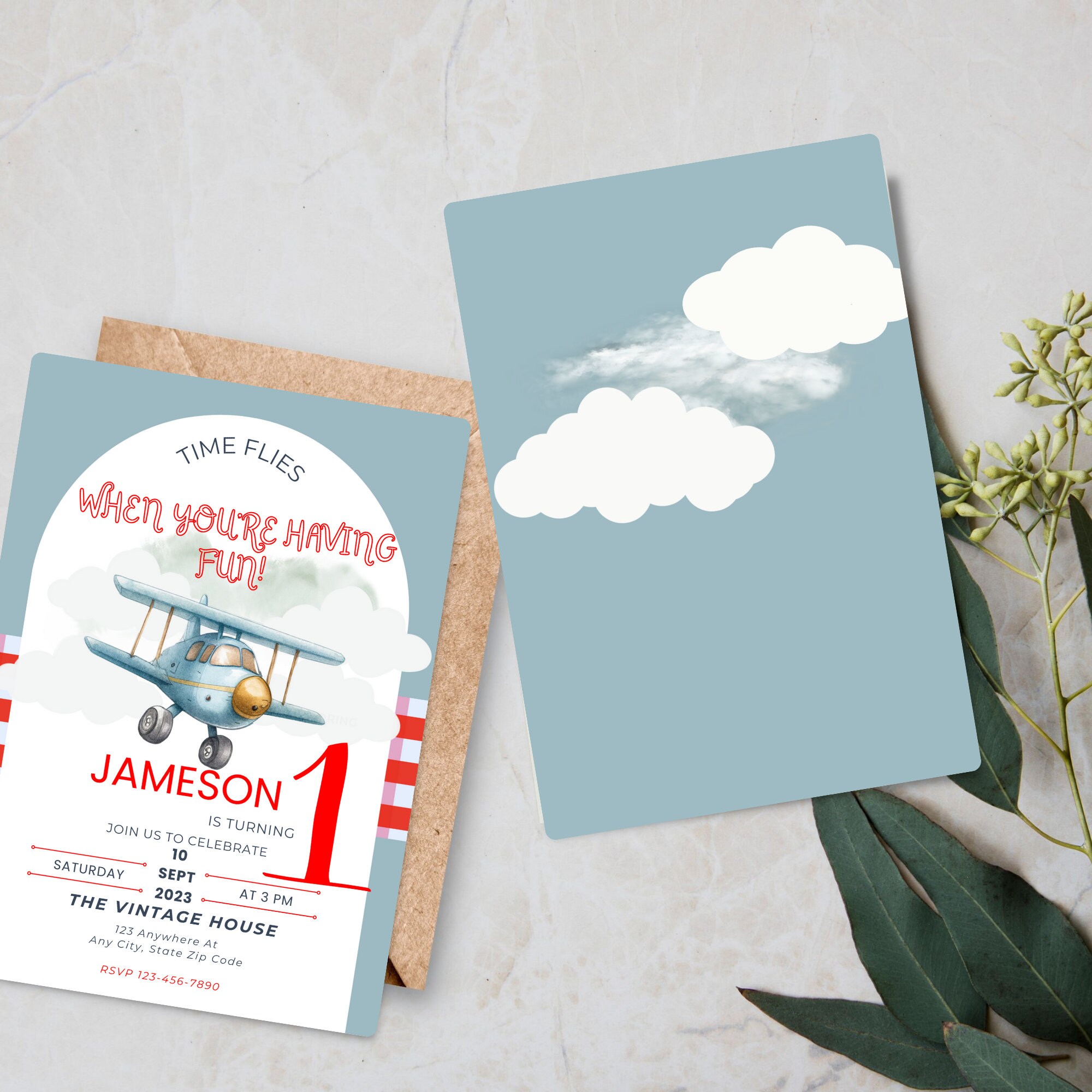 Airplane 1st Birthday Invitation, Blue & Red Birthday Invite, Blue ...