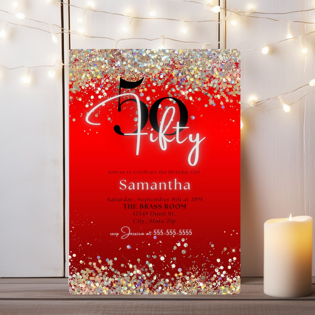 Custom Red 50th Birthday Invitation Template, Red & Black Bling ...