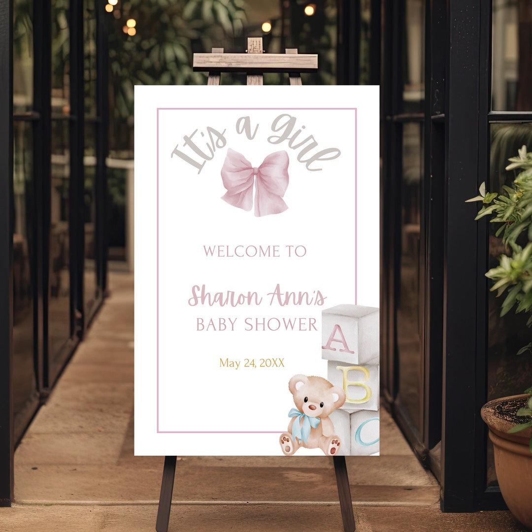 It's a Girl Baby Shower Welcome Sign: Pink Bow, ABC Blocks (digital ...