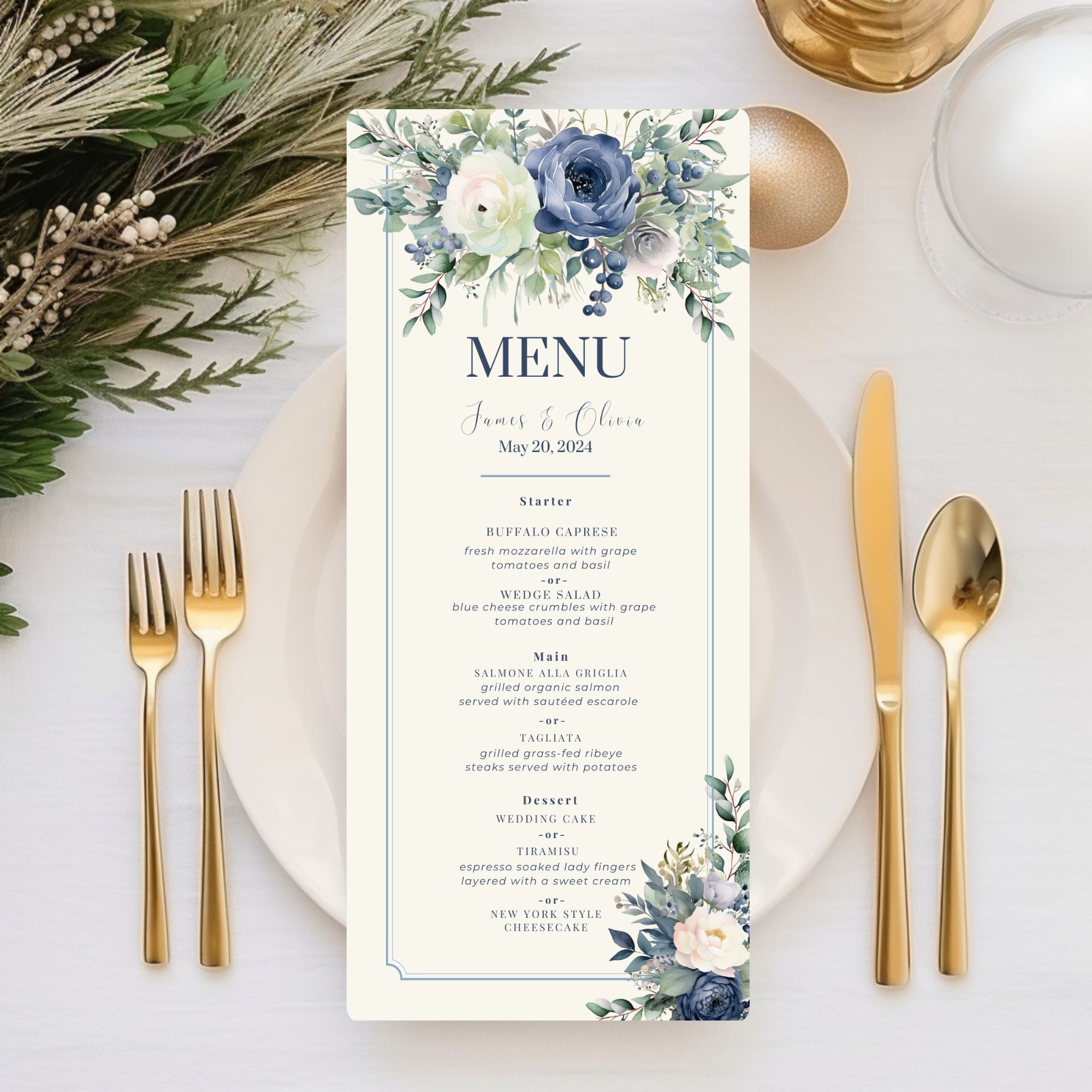 Blue Floral Wedding Menu Template, Dusty Blue & Navy Floral Wedding ...