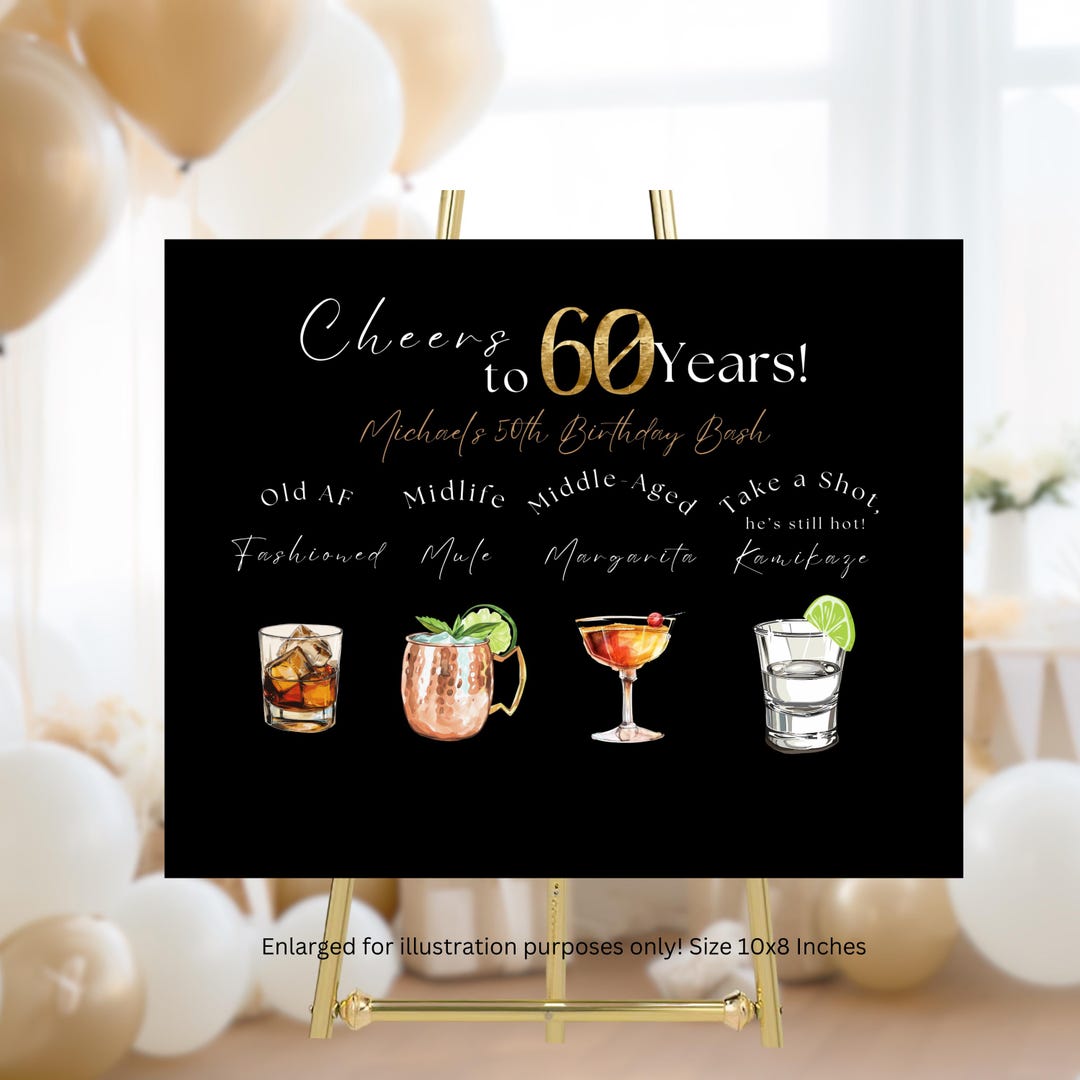Editable 60th Birthday Drink Menu: Black & Gold Bar Sign (10x8, Canva ...