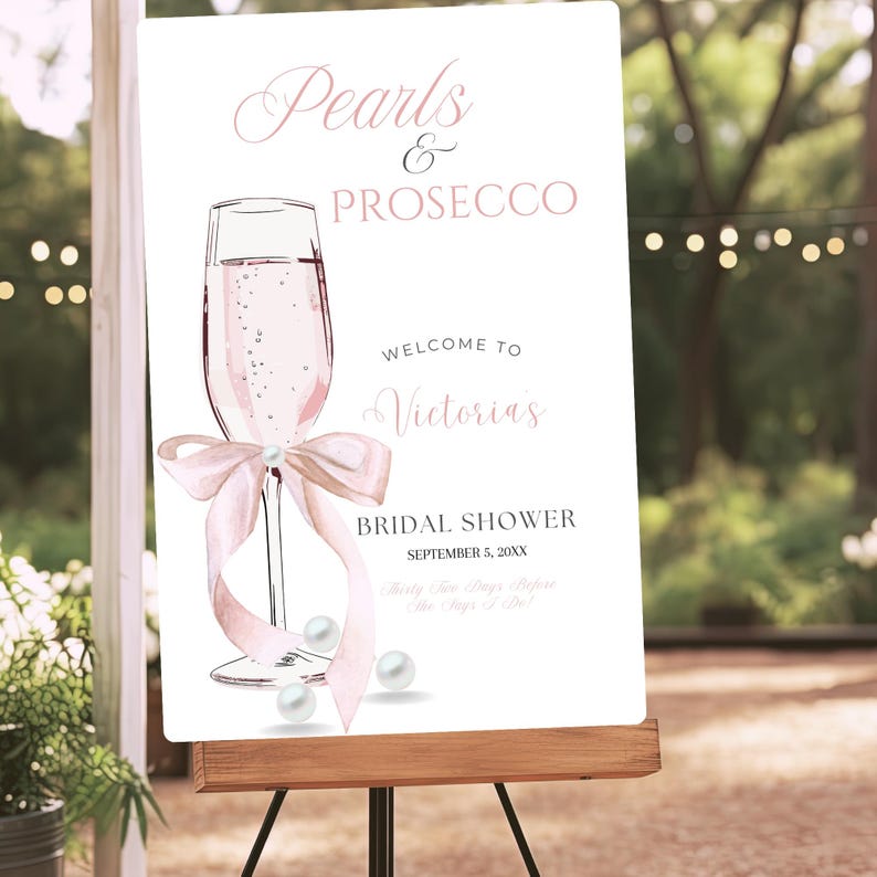 Pearls & Prosecco Bridal Shower Welcome Sign Template, Pink Bow With ...