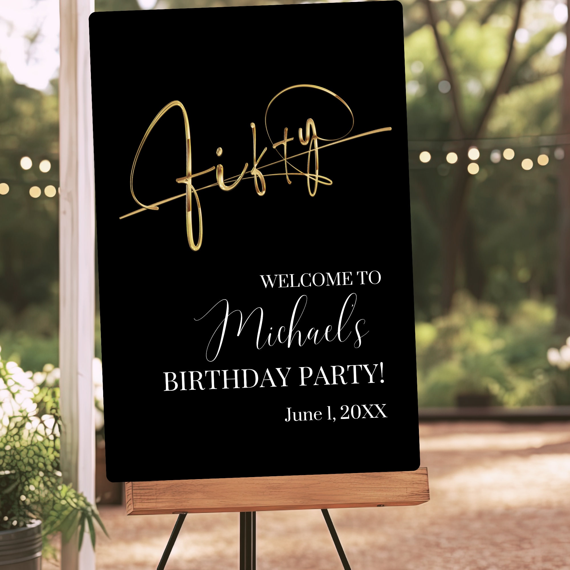 Minimalist 50th Birthday Welcome Sign, Modern Black & Gold Party 50 ...