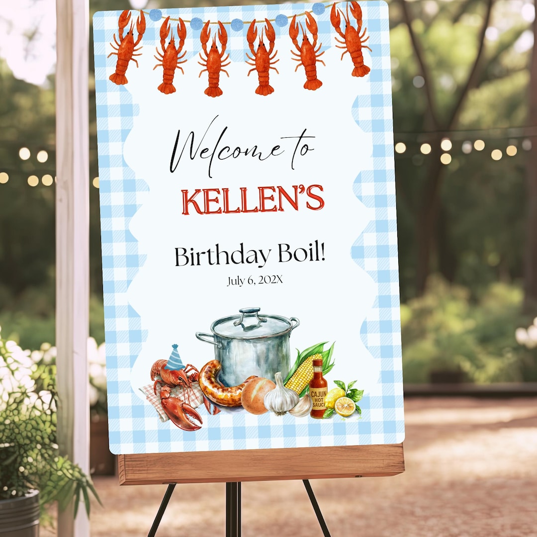Crawfish Birthday Boil Welcome Sign: Blue Gingham Party Poster (digital ...