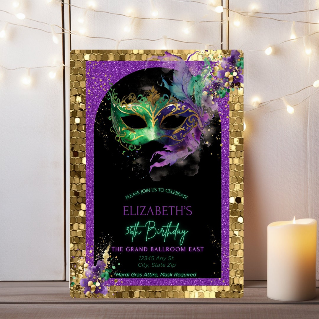 Masquerade Birthday Invitation, Mardi Gras Ball Invitation, Fat Tuesday ...