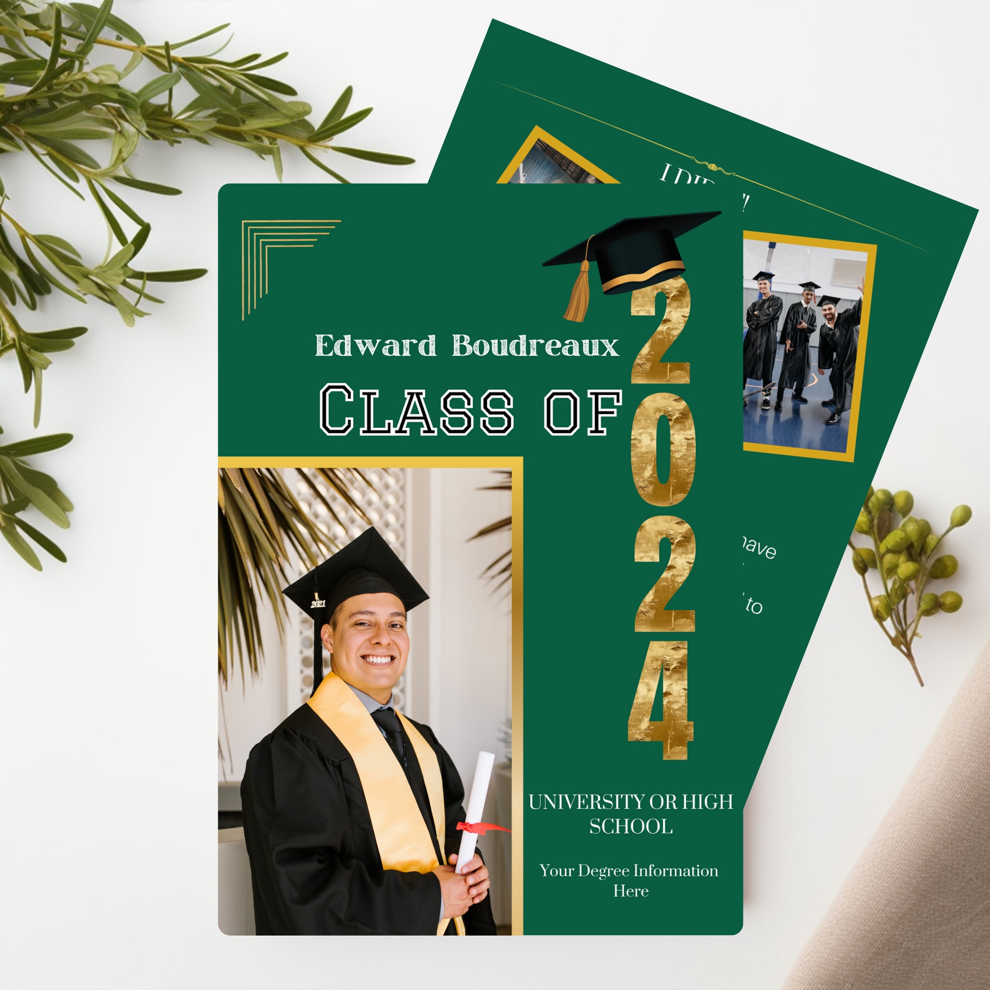Green and Gold Graduation Announcement, College Graduation or High ...