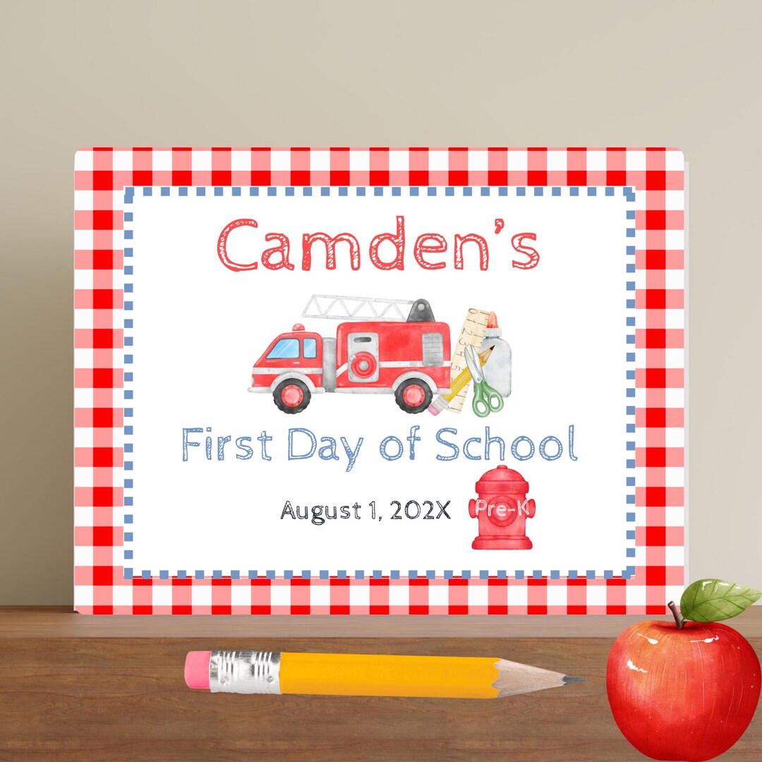 Firetruck First Day of School Sign: Red Gingham, Editable (digital ...