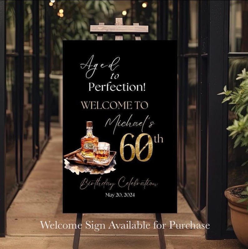 Editable 60th Birthday Drink Menu: Black & Gold Bar Sign (10x8, Canva ...