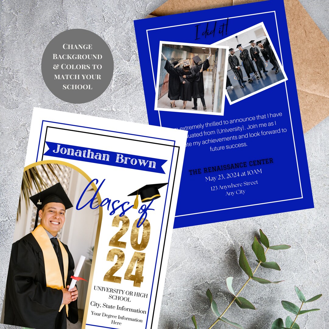 Editable Blue & White Grad Announcement, Royal Blue High School ...