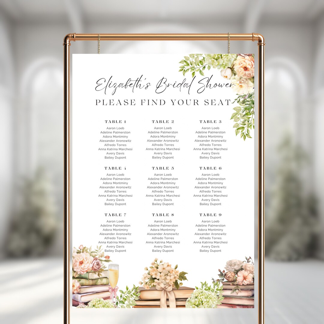 Storybook Bridal Shower Seating Chart Sign: Vintage Books Theme (18x24 ...