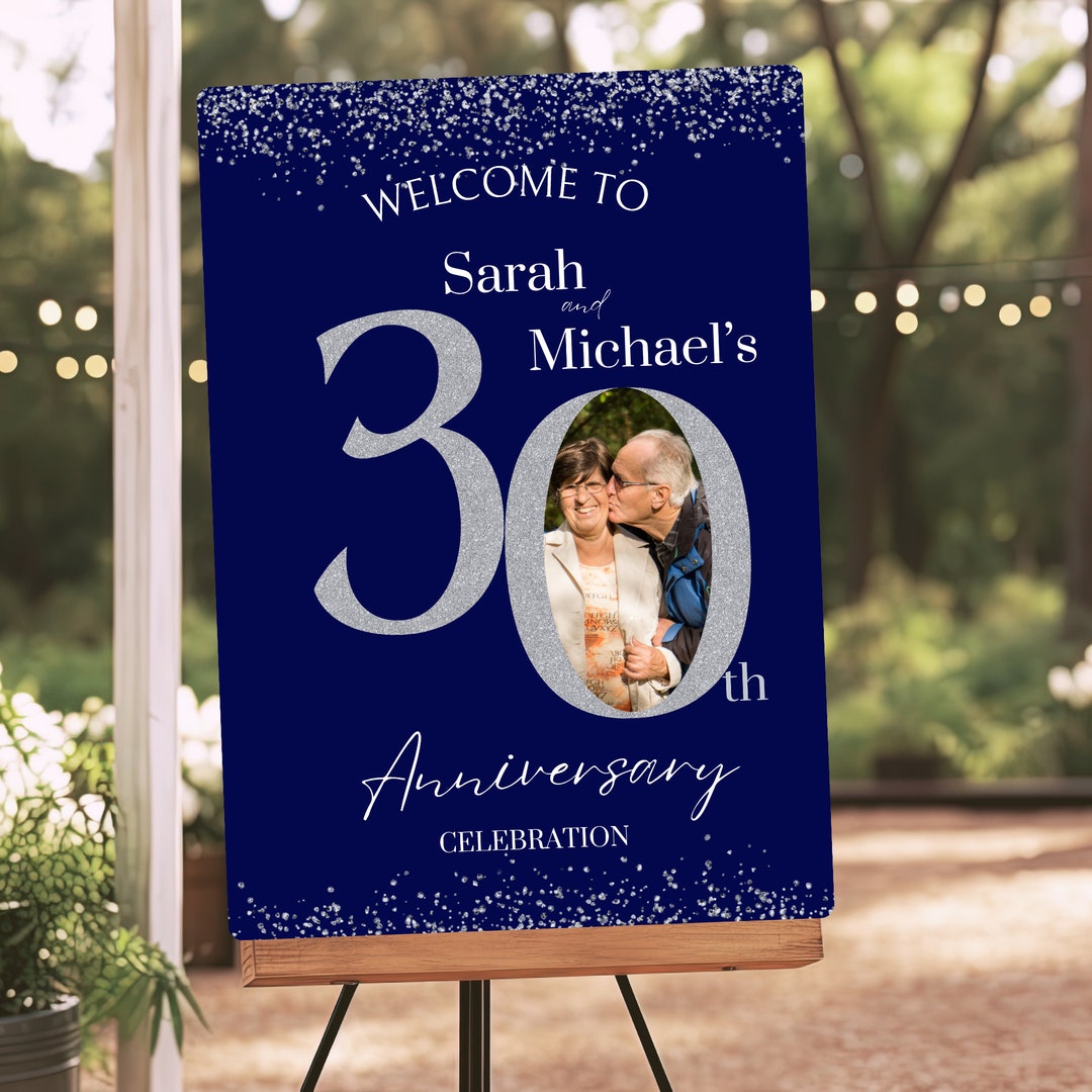 30 Year Wedding Anniversary Welcome Sign Template, Navy & Silver 30th ...