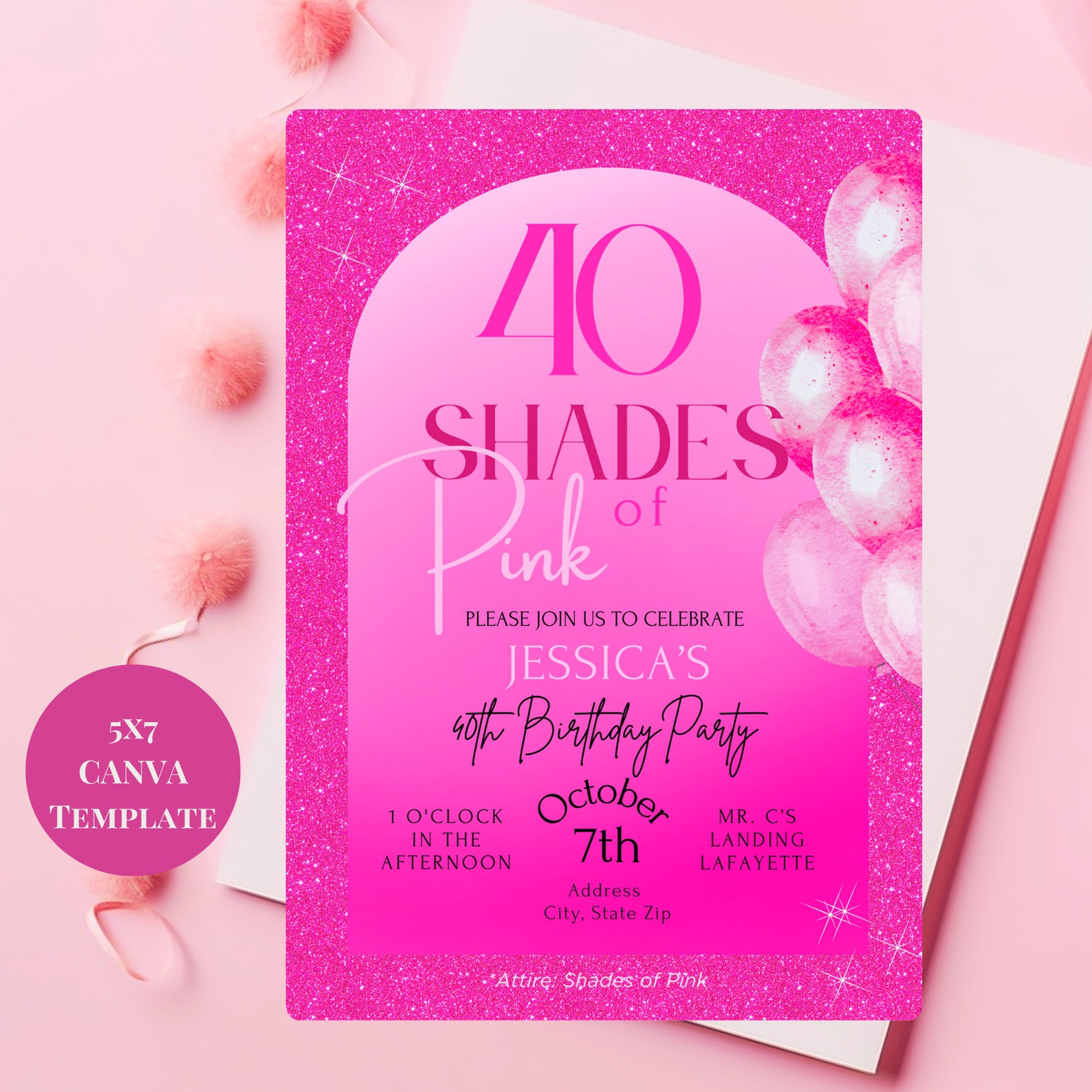 40 Shades of Pink Glitter Birthday Invitation, Shades of Pink ...