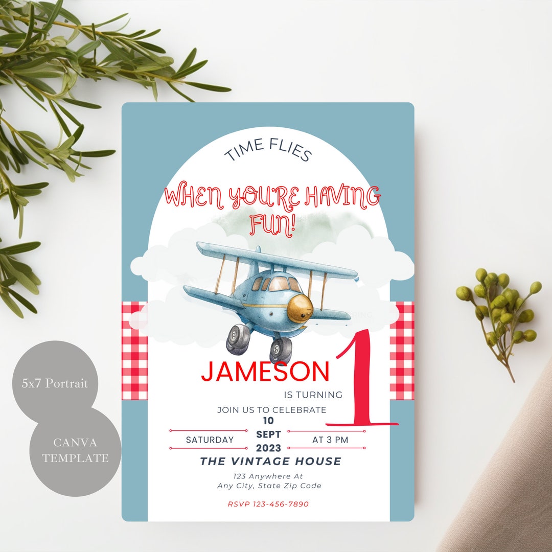 Airplane 1st Birthday Invitation, Blue & Red Birthday Invite, Blue ...