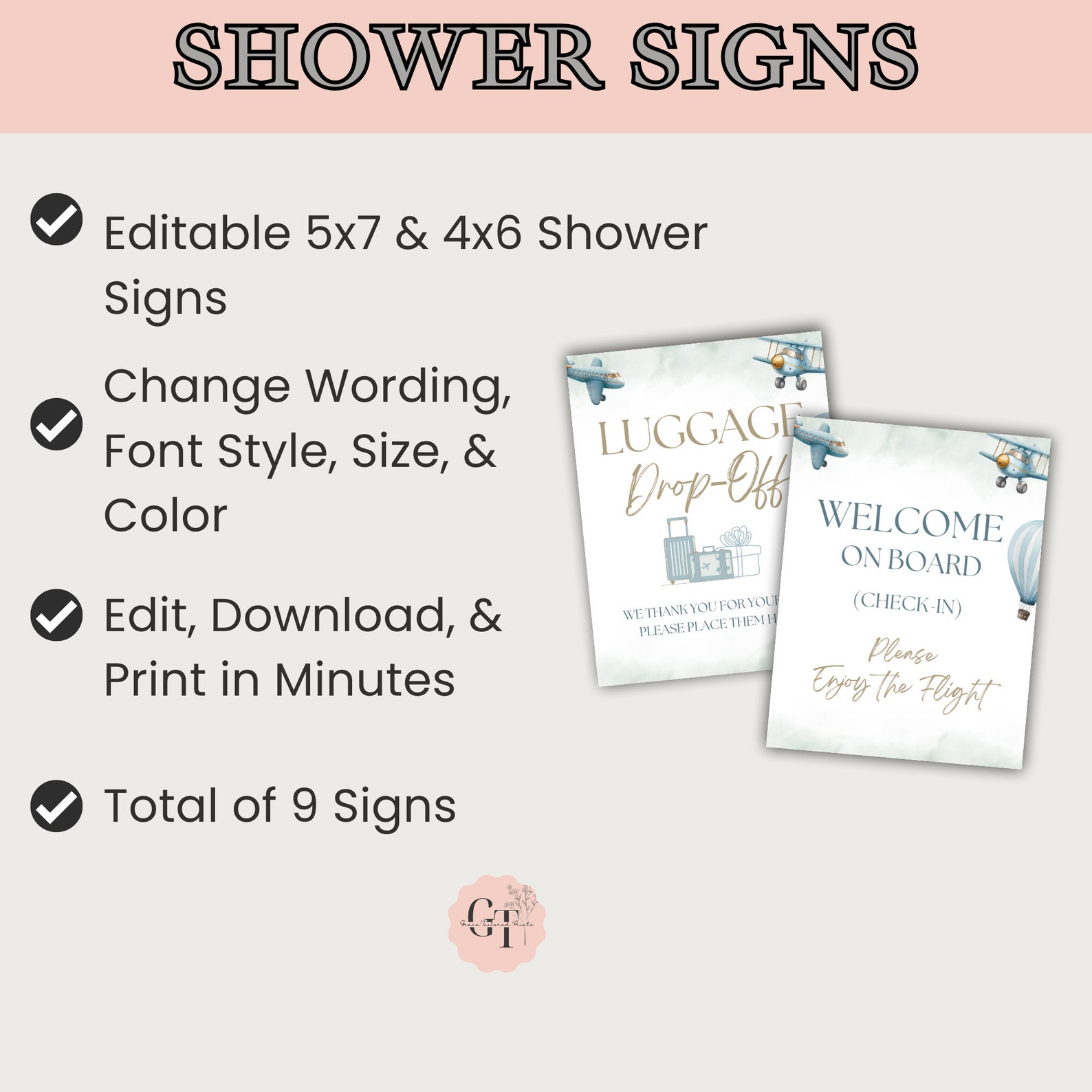 Airplane Baby Shower Table 5x7 & 4x6 Signs, Hot Air Balloon Travel Baby ...