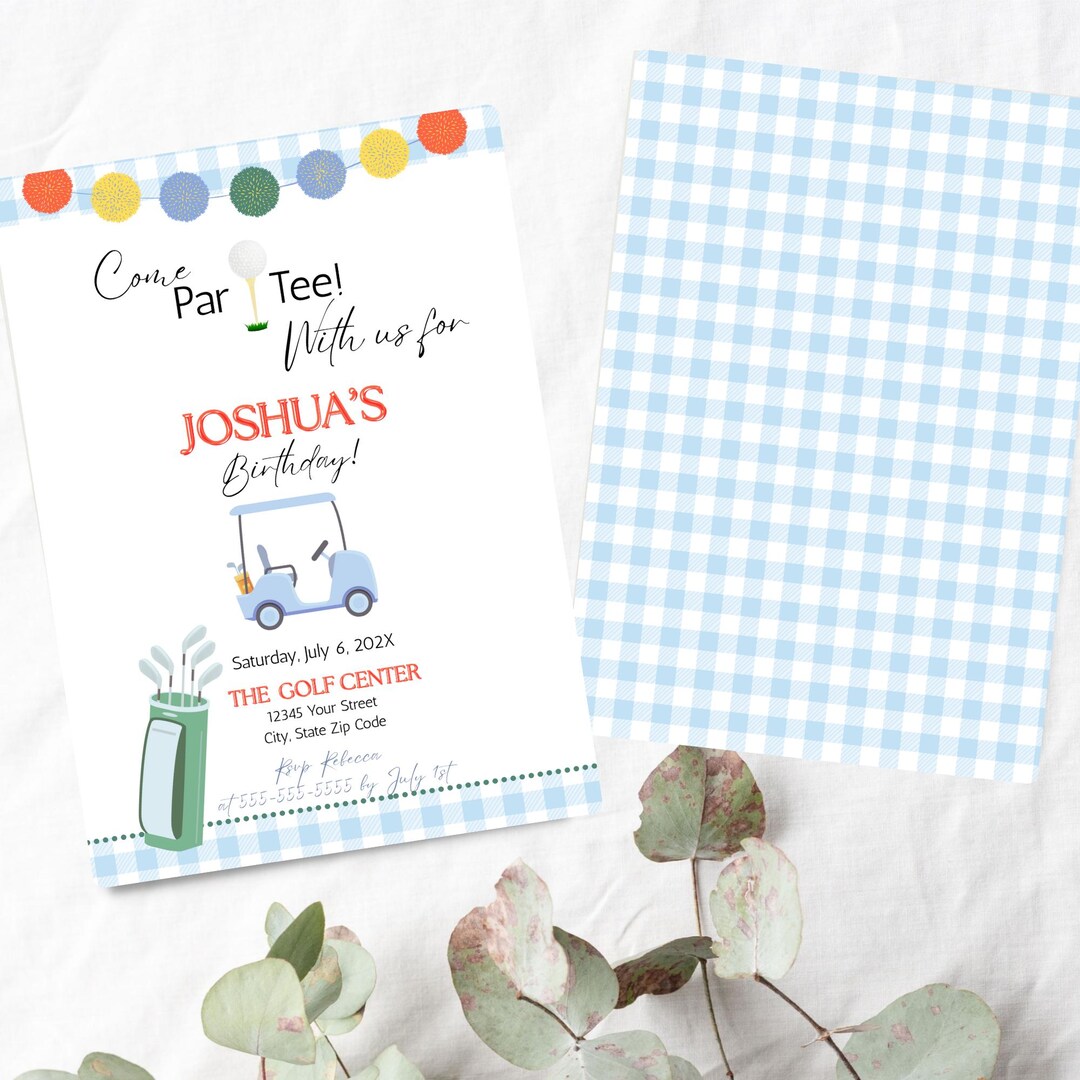 Golf Birthday Party Invitation for Little Boy, Preppy Blue Gingham Golf ...