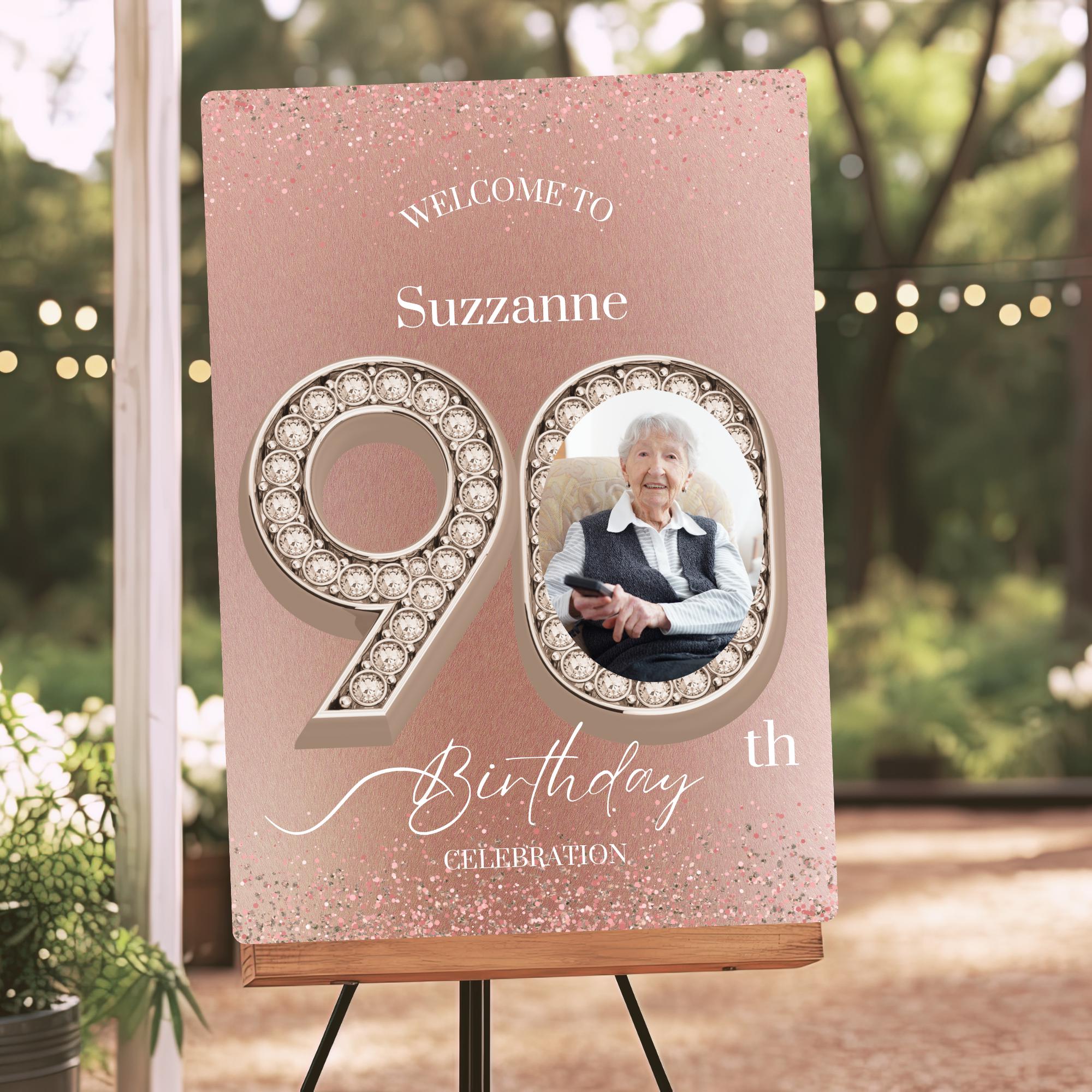 Rose Gold and Silver 90th Birthday Photo Welcome Sign, Custom Rose Gold ...