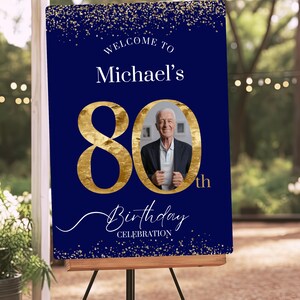 Custom 80th Birthday Welcome Sign With Picture, Blue & Gold Party ...