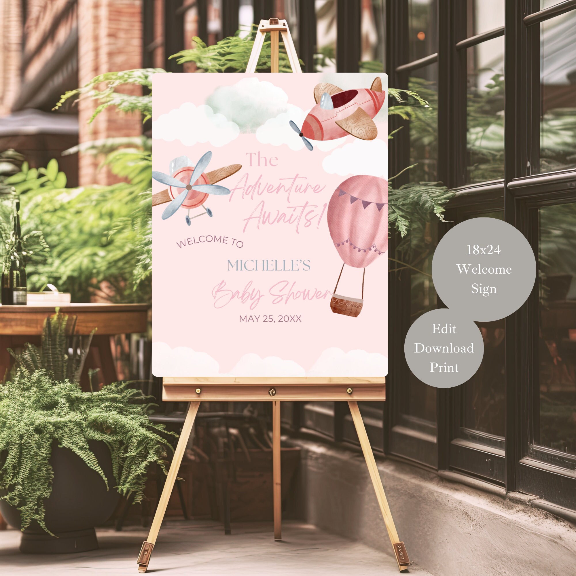 Pink Airplane Baby Shower Welcome Sign Template, Hot Air Balloon ...
