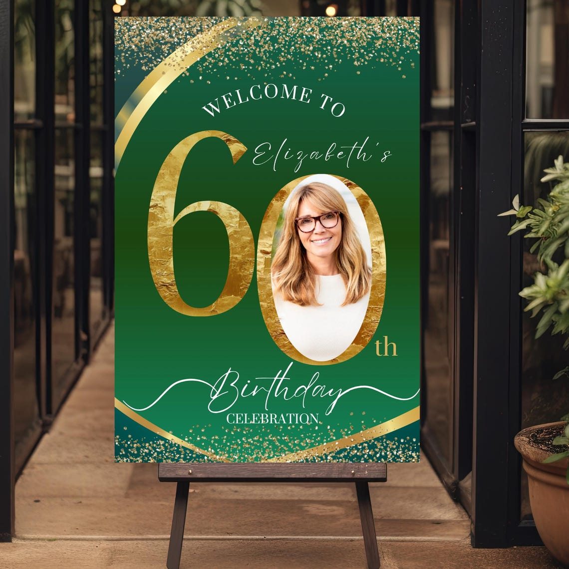 Green 60th Birthday Welcome Sign With Photo, Green & Gold 60th Poster ...