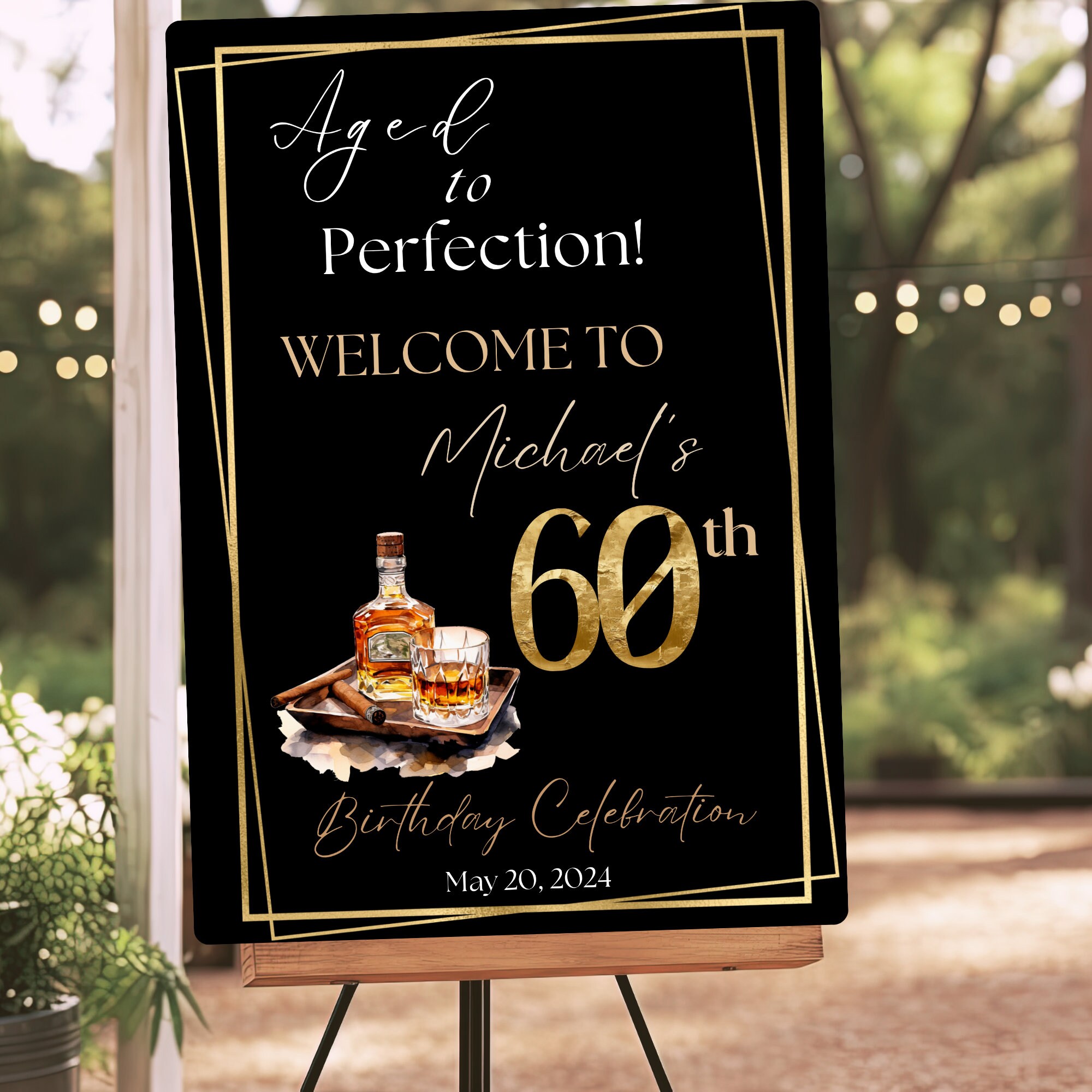60th Cigar & Whiskey Birthday Welcome Sign, Aged to Perfection 60th ...