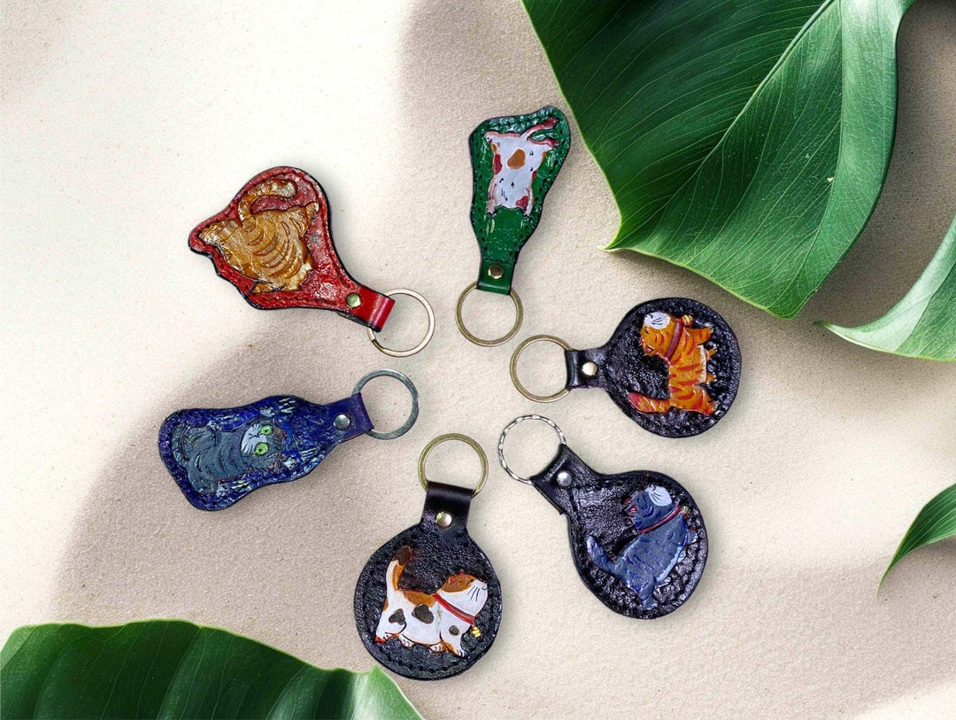 Handmade Leather Cat Keychain, Atomic Style, Personalized Key Ring - Etsy