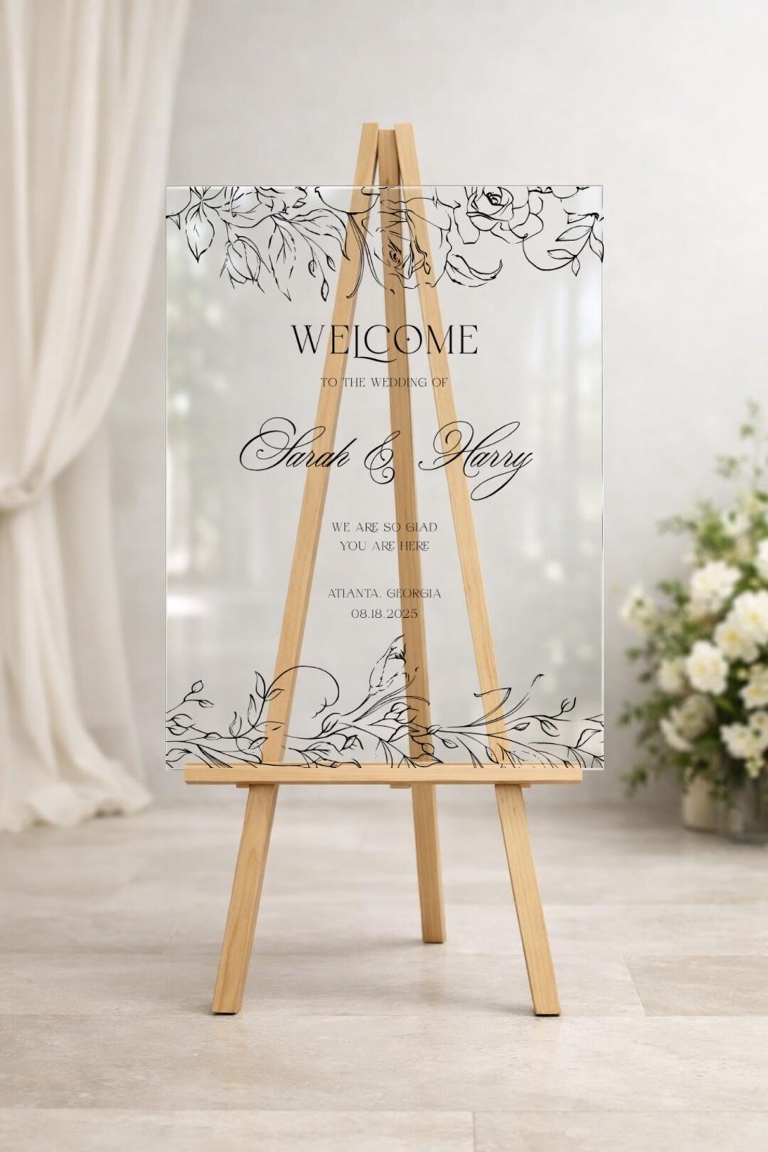 Acrylic Wedding Welcome Sign With Line Art Flowers, Minimalist Welcome ...