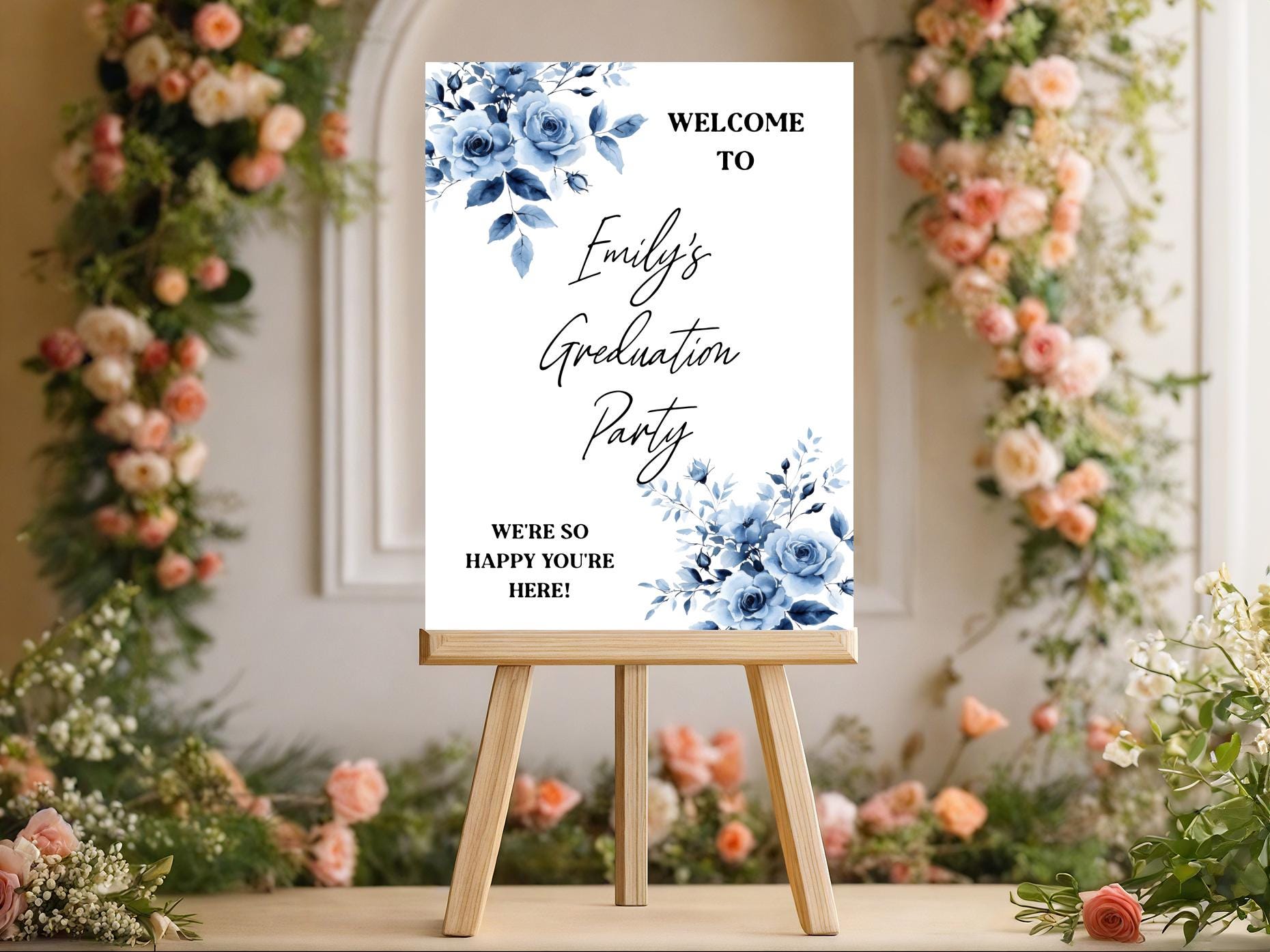 Custom Graduation Welcome Sign Blue Floral Graduation Celebration Class ...