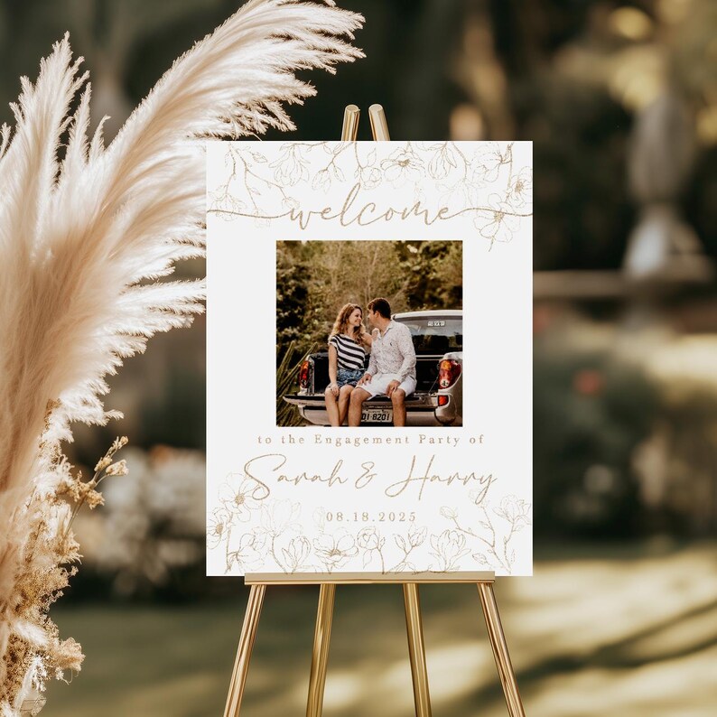 Gold Engagement Welcome Sign With Photo Minimalist Luxury Gold Flowers ...
