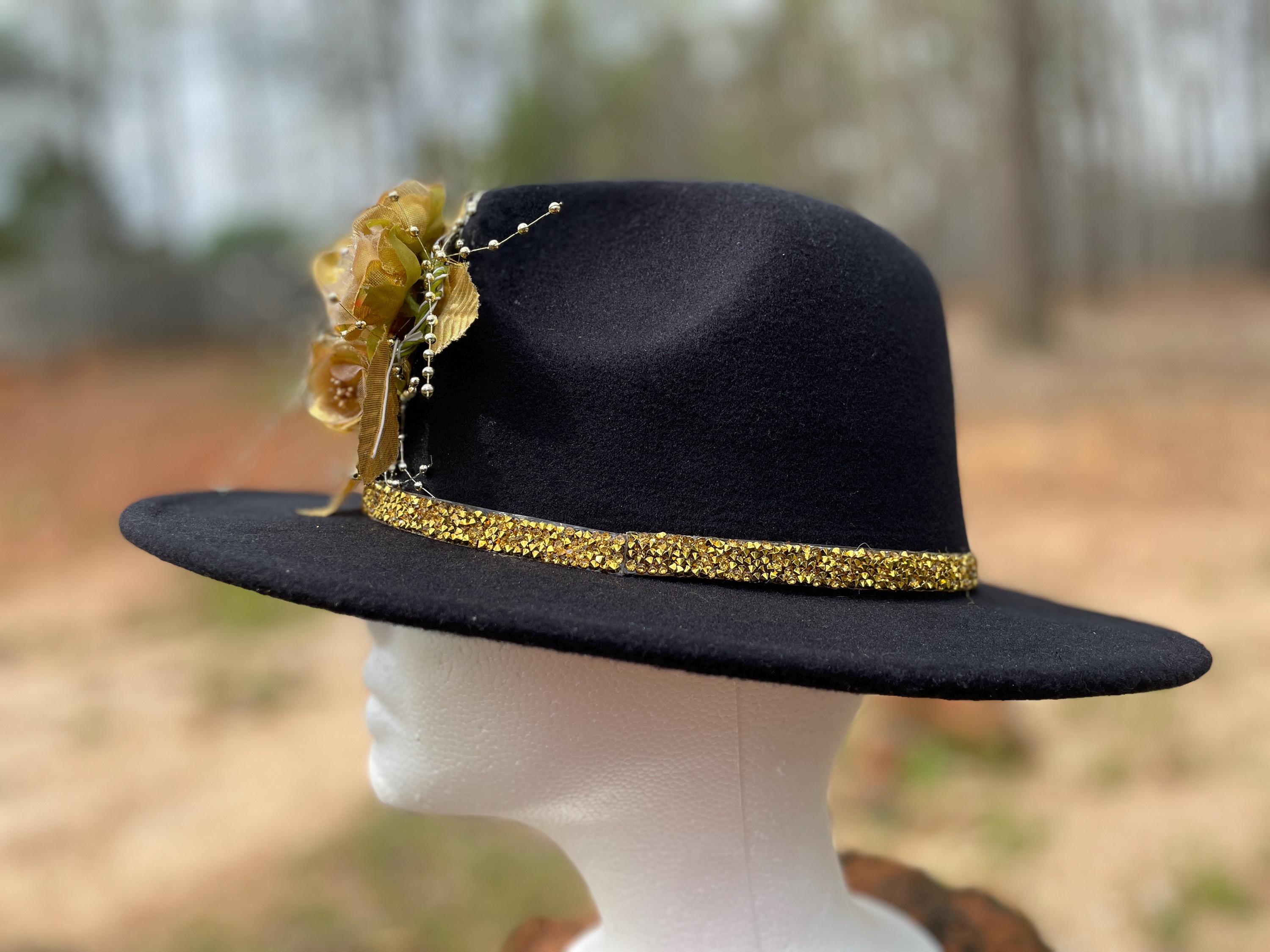 Elegant Black & Gold Wide Brim Hat | Handmade Floral Fedora | Kentucky ...