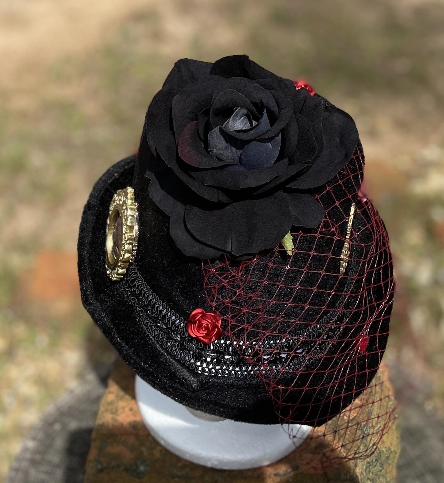 Steampunk Victorian Black Rose Top Hat – Handmade With Red Lace ...