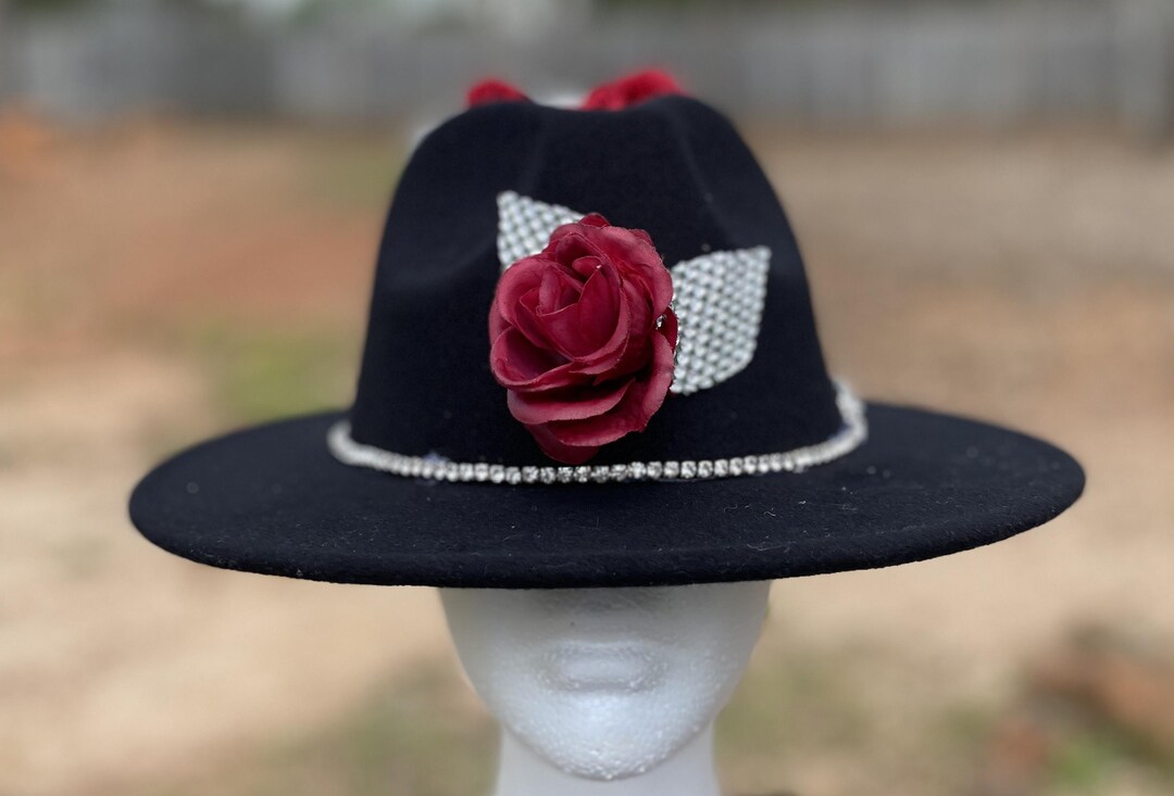 Black Rhinestone Fringe Hat With Red Rose Accents – Glam Western Fedora ...