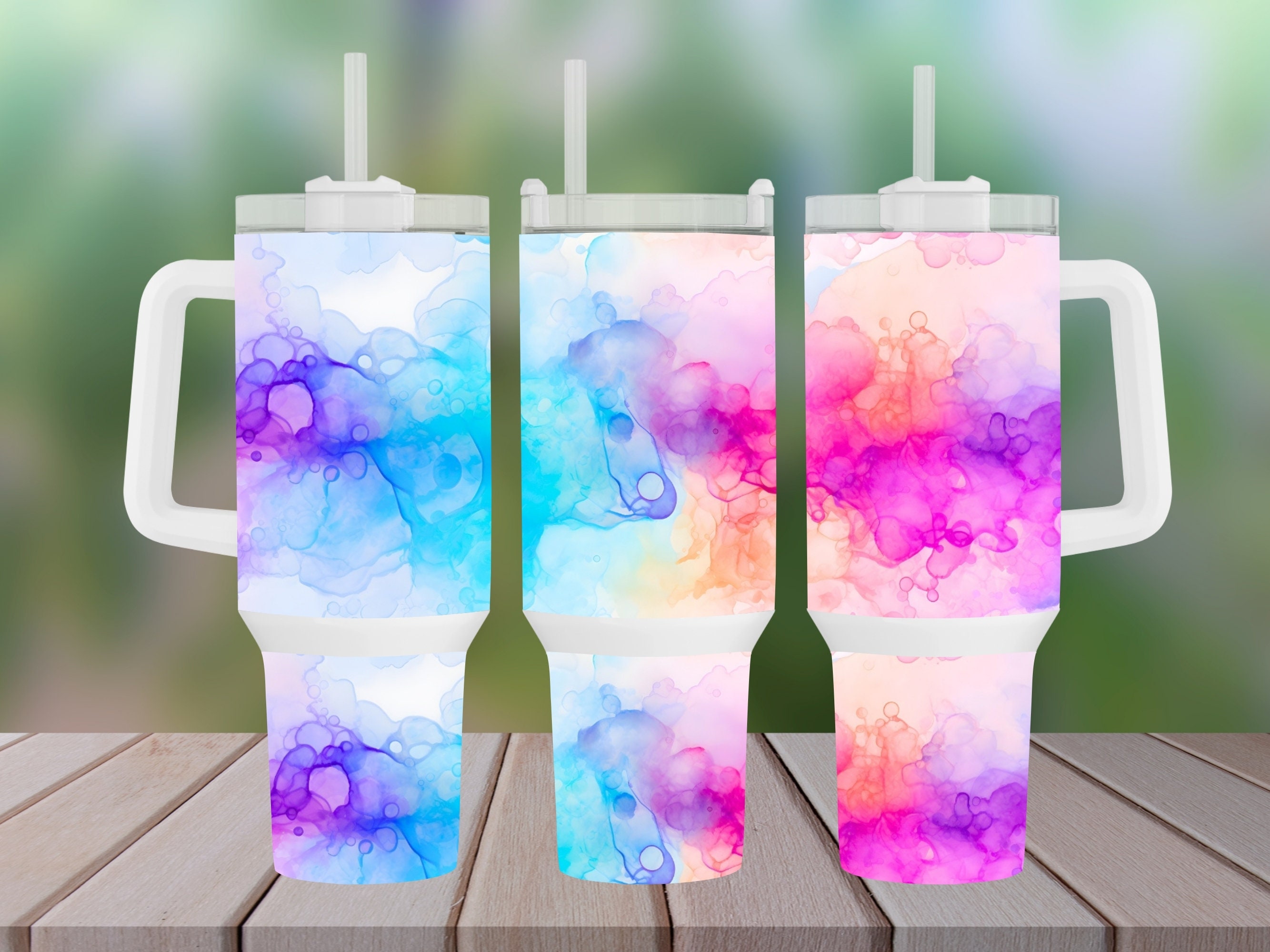 40oz Tumbler Wrap, Alcohol Ink Design, Watercolor Rainbow PNG Tumbler ...