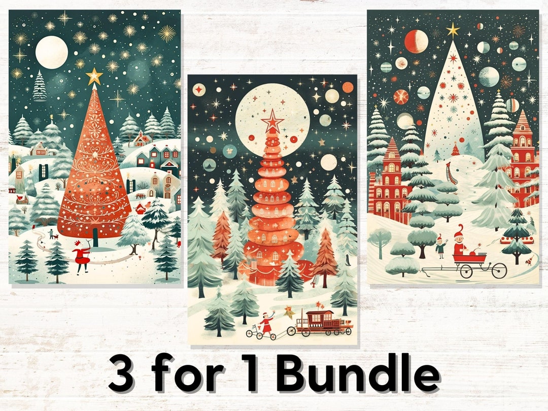 Christmas Art Printable Bundle, Holiday Décor, Retro Colorful Wall Art ...