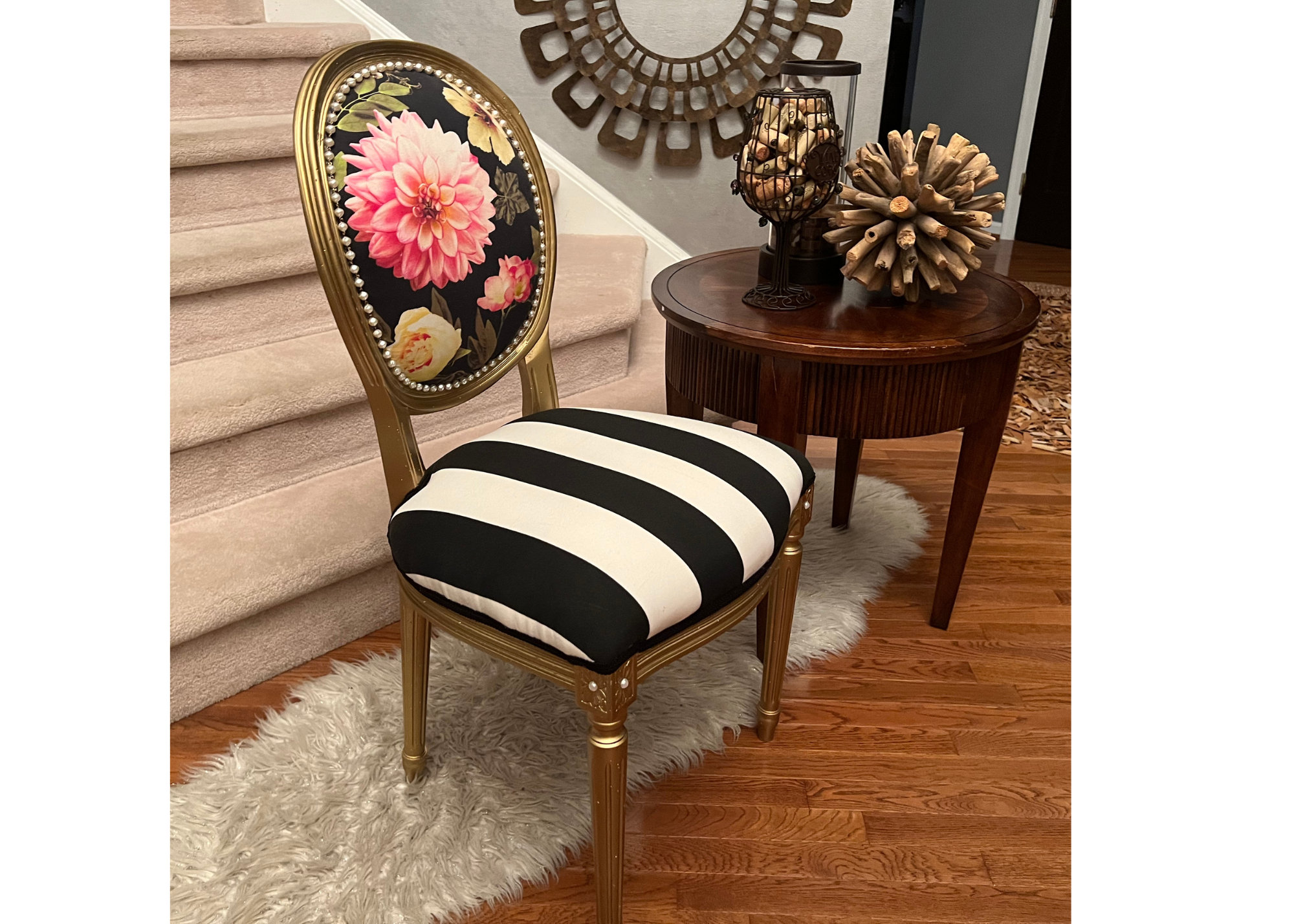 Black and White Striped Chair With Flowers, Gold Accent Chair With Pink ...