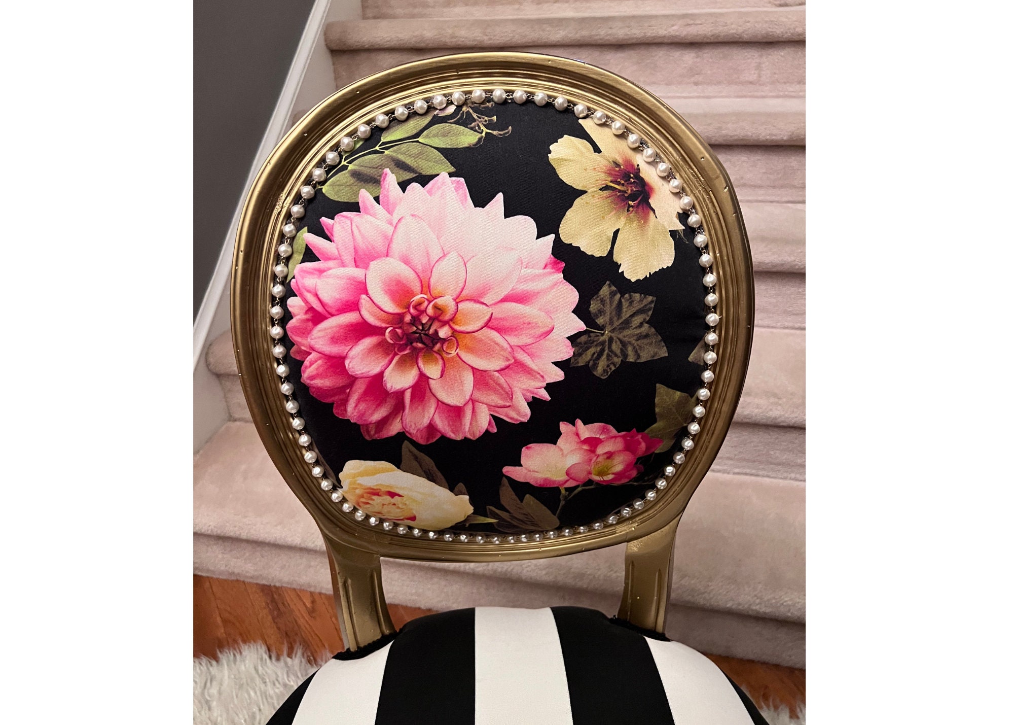 Black and White Striped Chair With Flowers, Gold Accent Chair With Pink ...