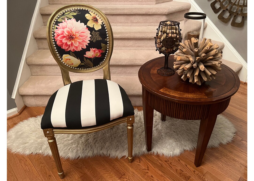 Black and White Striped Chair With Flowers, Gold Accent Chair With Pink ...