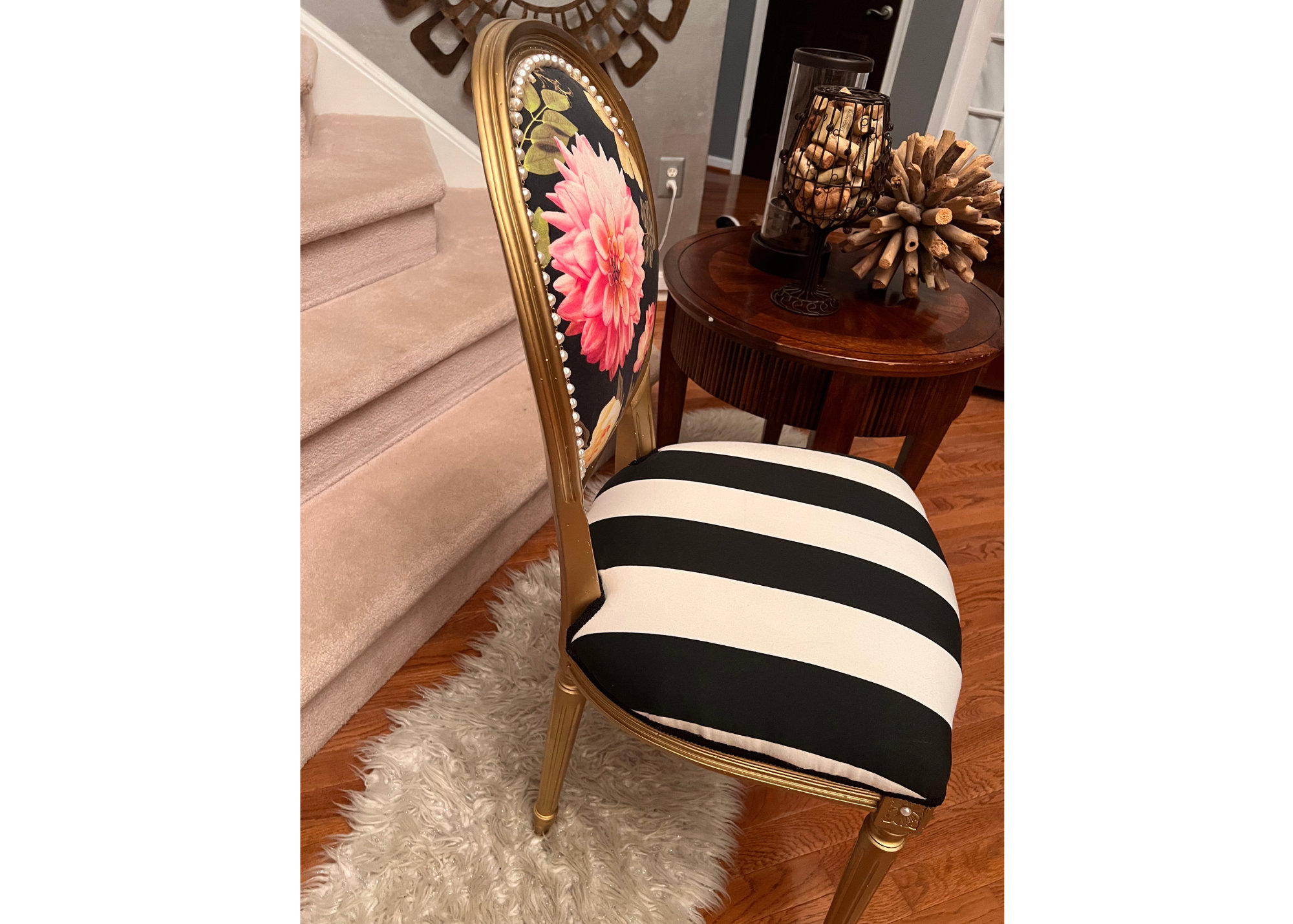 Black and White Striped Chair With Flowers, Gold Accent Chair With Pink ...