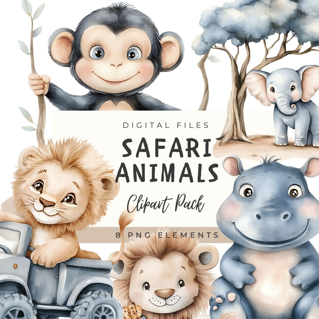 Safari Animals Clipart: Baby Elephant, Lion, Giraffe (PNG Digital ...