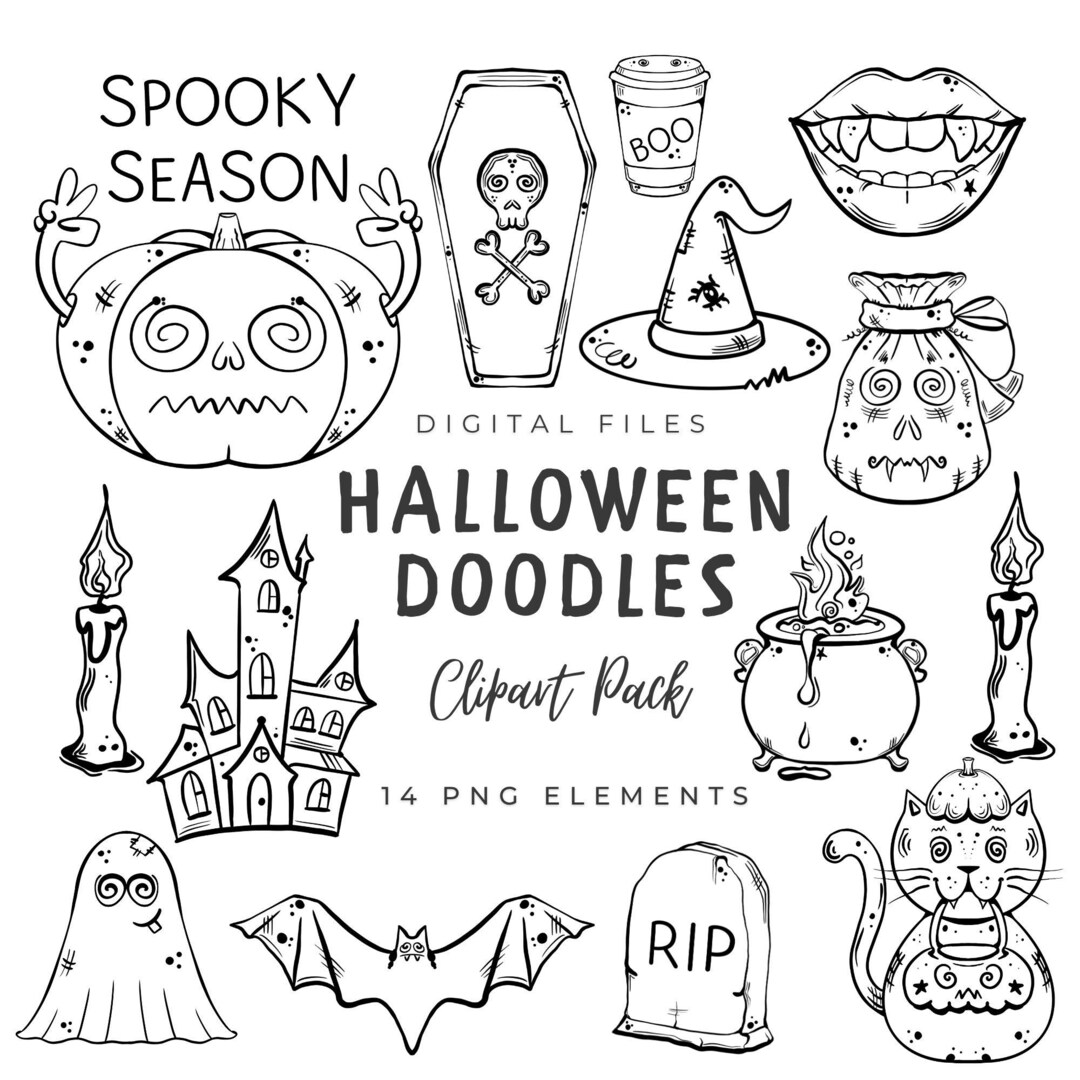 Spooky Halloween Doodles Clipart Pack – 14 Hand-drawn PNG Elements ...